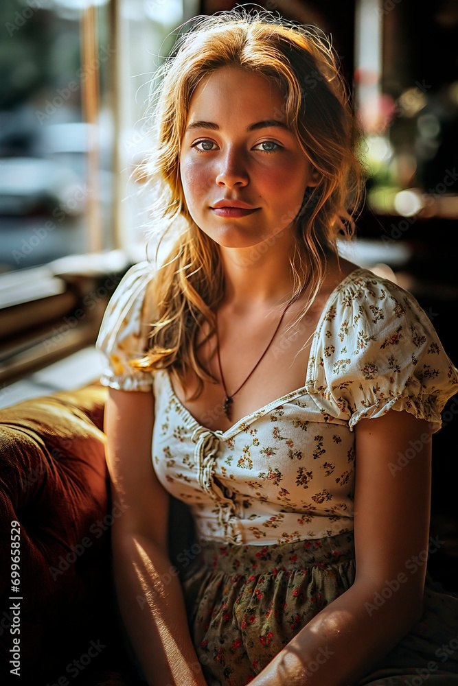 Docile and friendly-looking young blonde woman with long hair in a dark ...