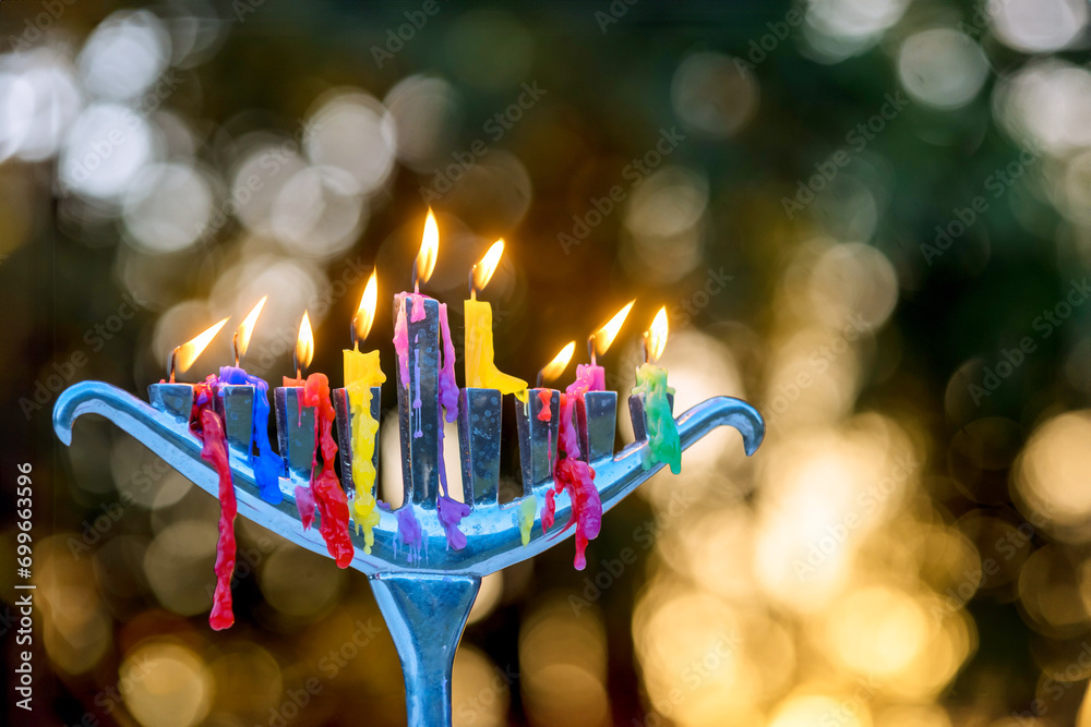 Hanukkiah Menorah candle is lit during traditional celebration of ...