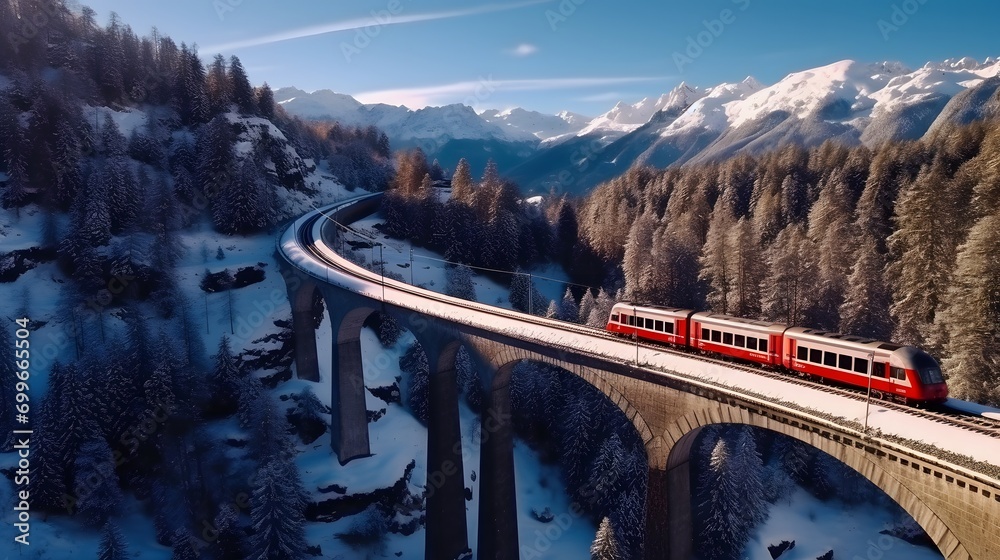 Aerial view of Train passing through famous mountain in Filisur ...