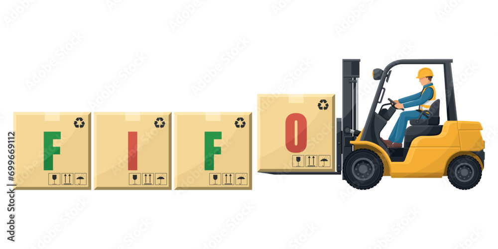 Industrial worker driving a forklift loading boxes. FIFO system. First ...