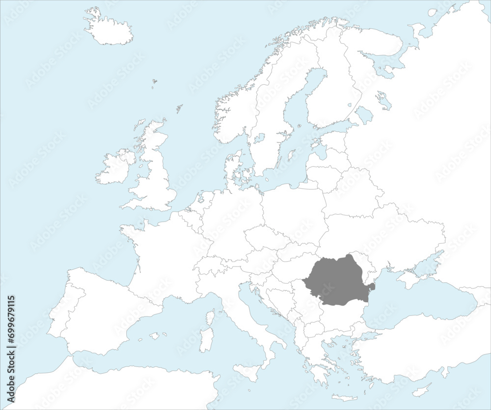 Gray CMYK national map of ROMANIA inside detailed white blank political ...