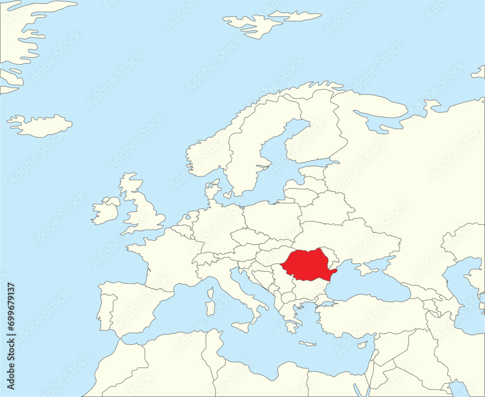 Red CMYK national map of ROMANIA inside simplified beige blank ...
