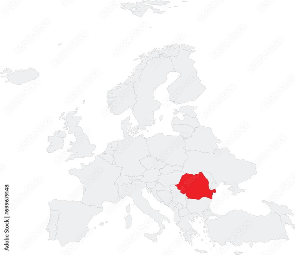 Red CMYK national map of ROMANIA inside gray blank political map of ...