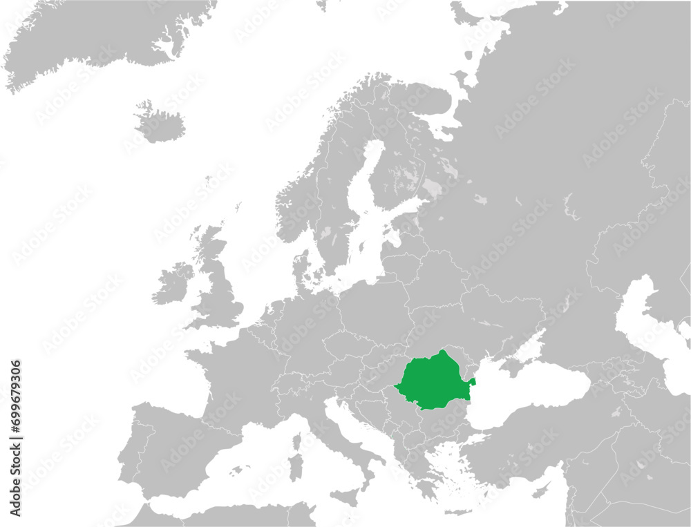 Green CMYK national map of ROMANIA inside detailed gray blank political ...