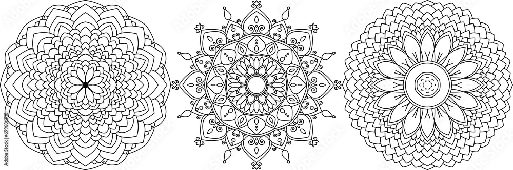 Three Mandalas in row isolated on the white background. Doodle mandala ...