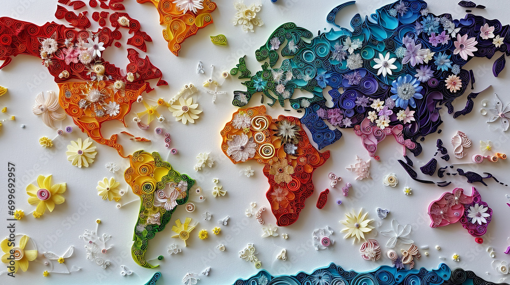 A quilling artwork focusing on a detailed world map, with each continent and country highlighted ...