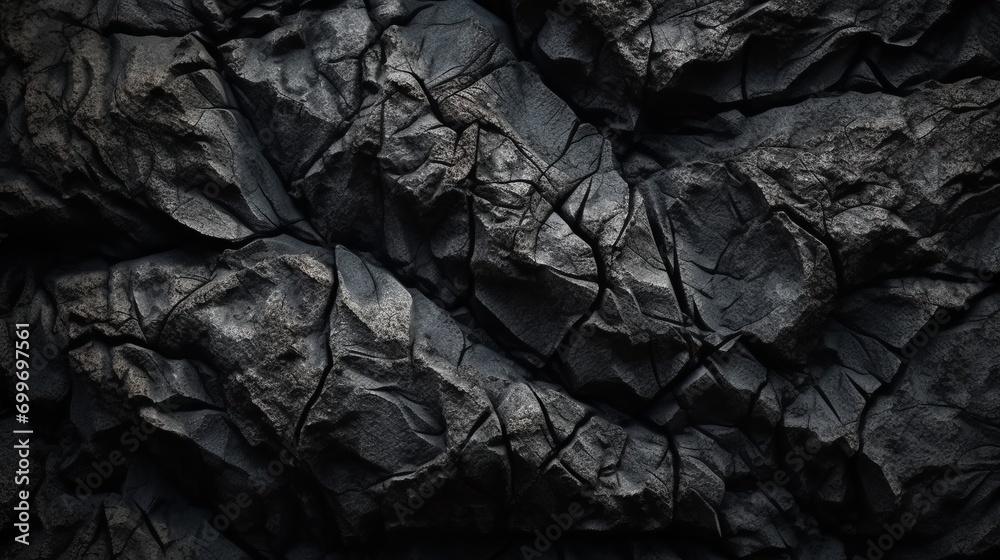 Volumetric rock texture with cracks. Black stone background with copy ...