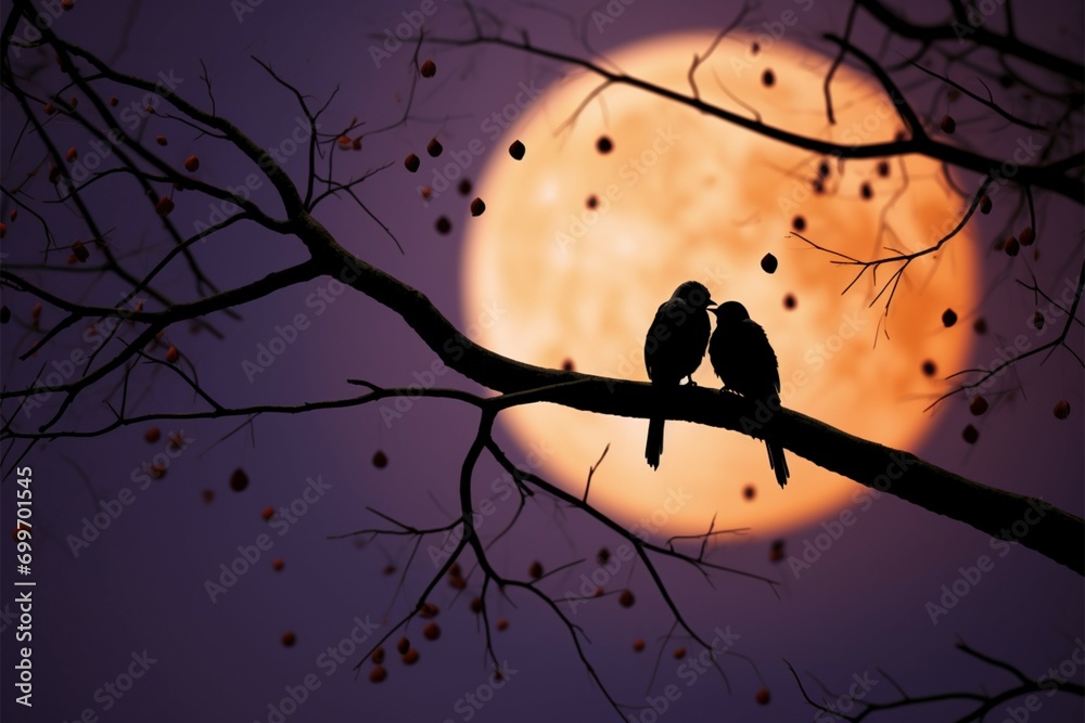 Moonlit love Silhouettes of birds perched under a romantic full moon ...