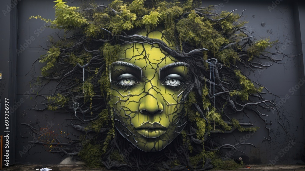 a painting of a woman's face with green hair and vines on the side of a ...