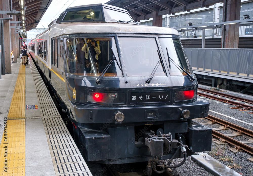 ASO, KUMAMOTO, JAPAN - DEC 16, 2023: JR Kyushu sightseeing train Aso ...