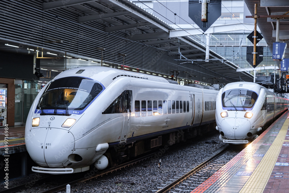 FUKUOKA, JAPAN - DEC 14, 2023: Two JR Kyushu 885 Series Limited Express trains stopping side-by ...