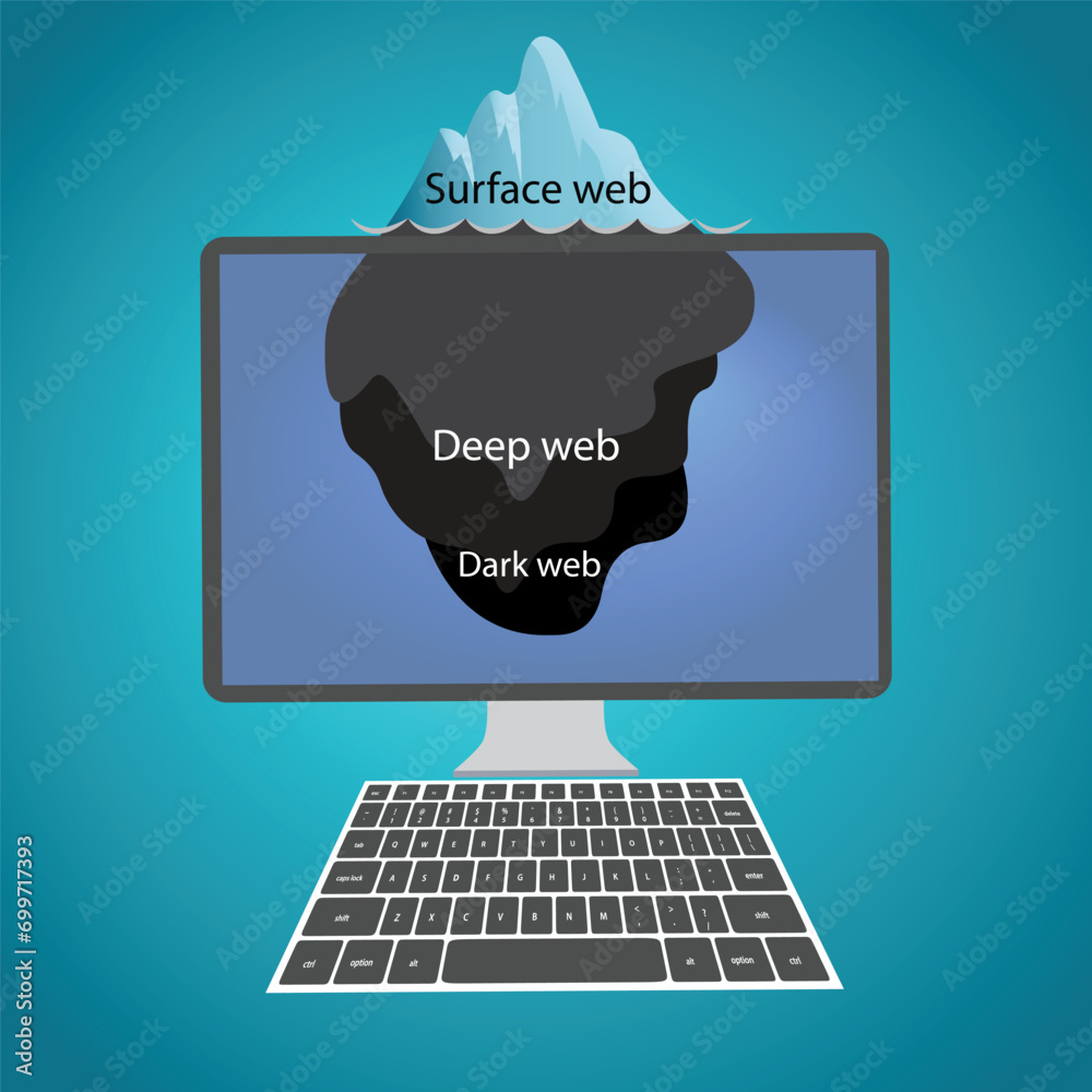 Iceberg on a computer, concept of surface web, deep web and dark web ...