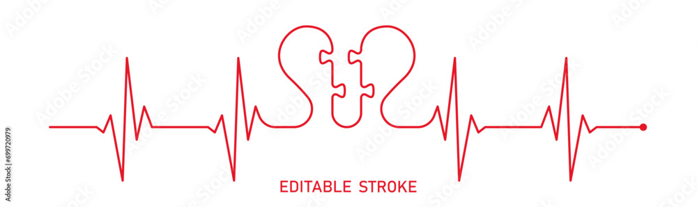 Editable line medical heart puzzle shape EKG diagram, red ECG heartbeat ...