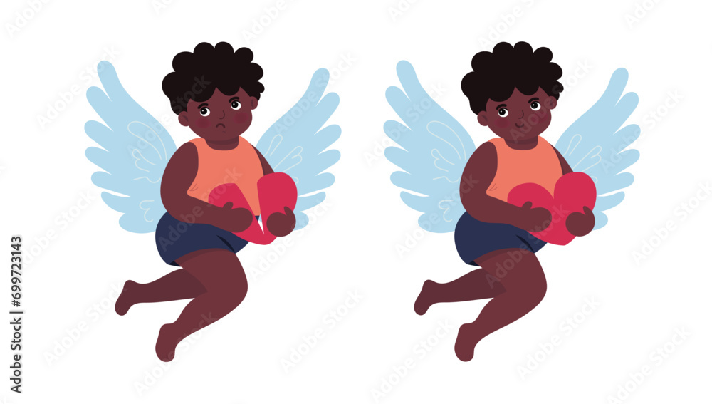 Cute afro and Little Black cupids. set of a happy cupid and sad with a ...