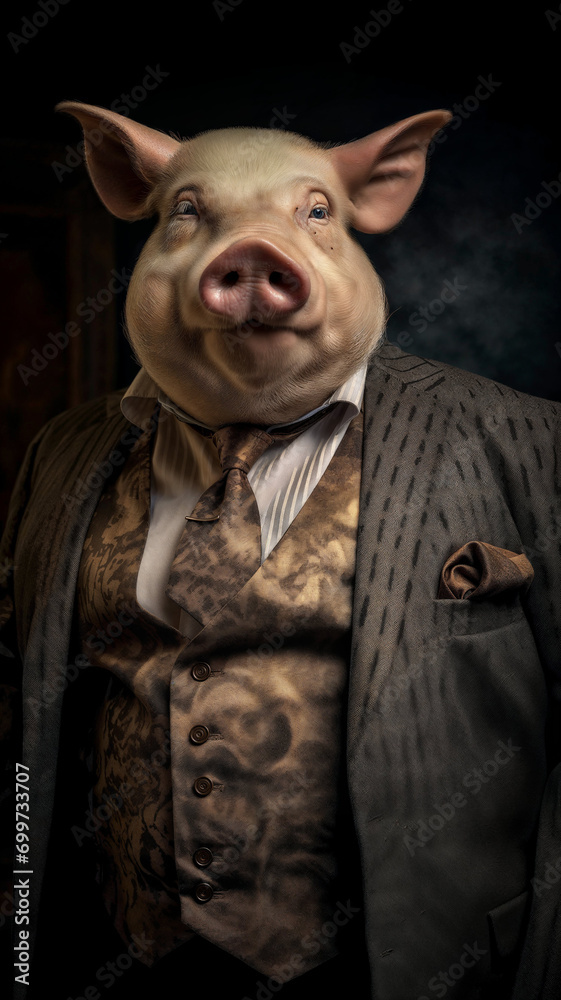Pig dressed in an elegant suit, standing as a confident leader and a ...