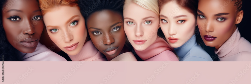 Diverse group of beautiful women. Banner with girls of different ...