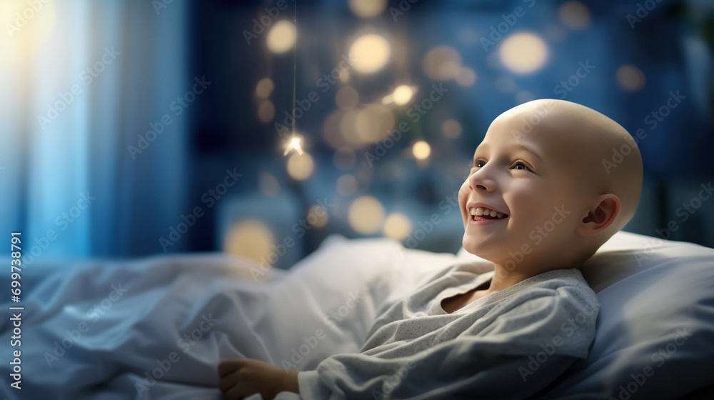 A bald child with cancer lying in the hospital bed, smiles pleasantly ...