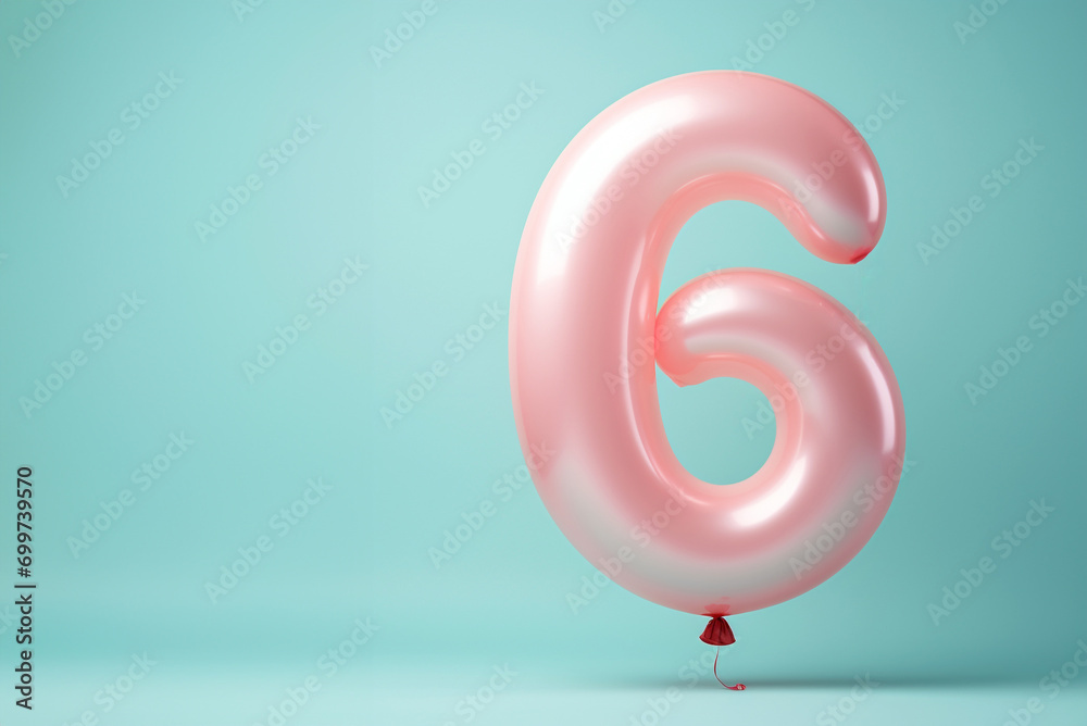 number 6 shape helium baloon digit, empty clean pastel background ...