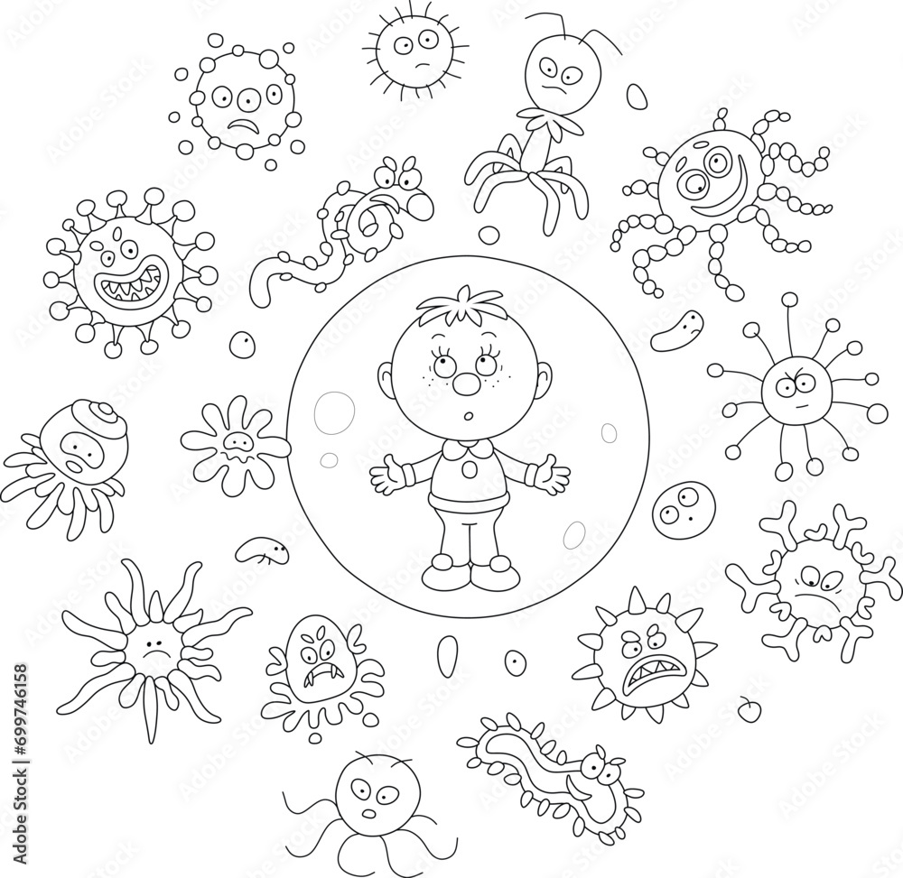 Little child surrounded by funny and angry virus and bacterium monsters ...