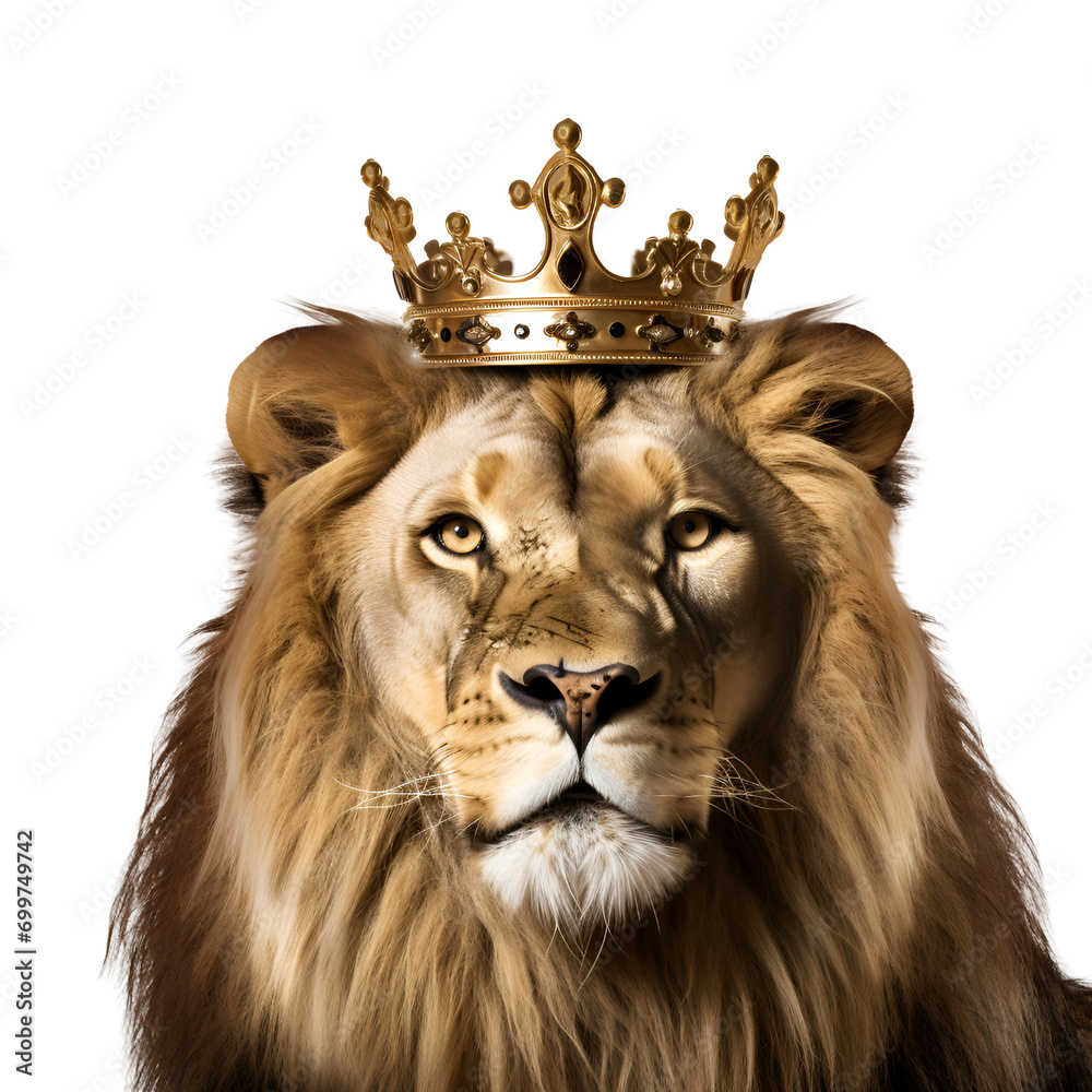 Kingly lion with crown: close-up, regal half-length, Isolated on ...