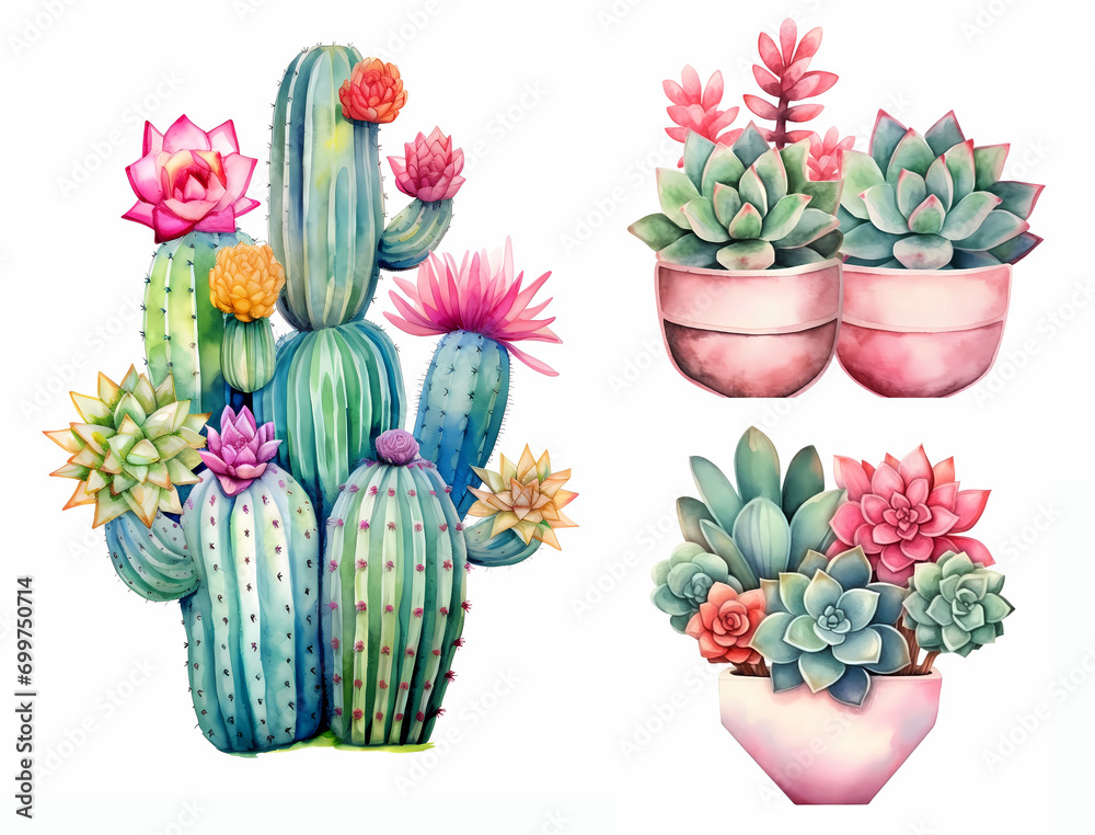 Watercolor cactus and succulent clipart set isolated on a white ...