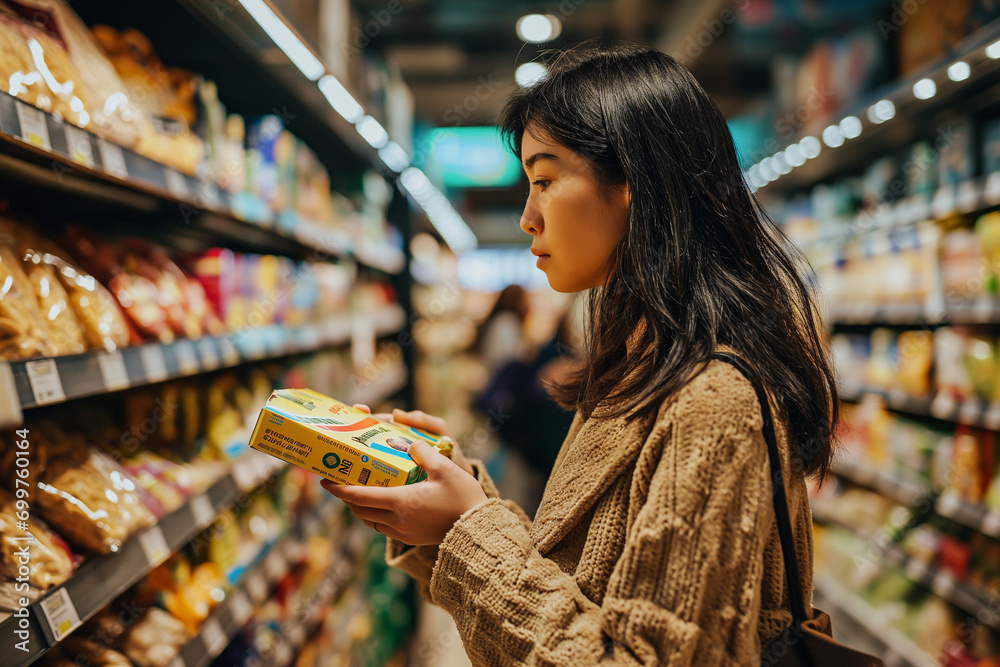 Informed Female Consumer Analyzing Nutrition and Prices in Grocery ...