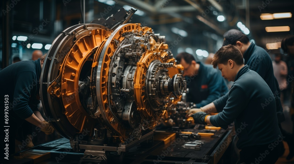 Male and female workers working in high-tech machinery production in an ...