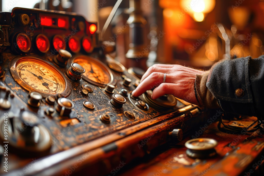Close-up of a hand adjusting dials on a vintage control panel with ...