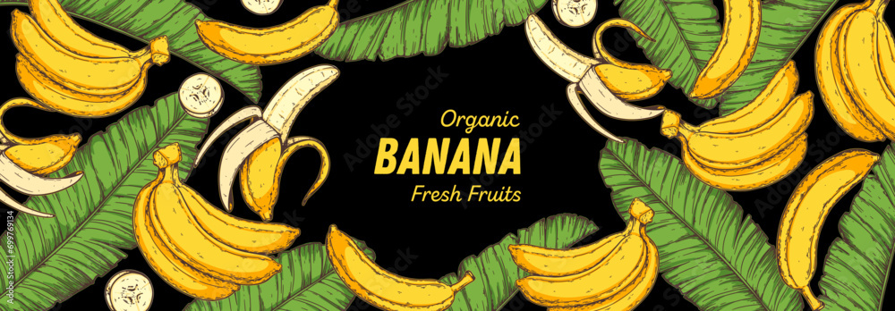 Ripe banana frame. Hand drawn vector illustration. Tropical fruit ...