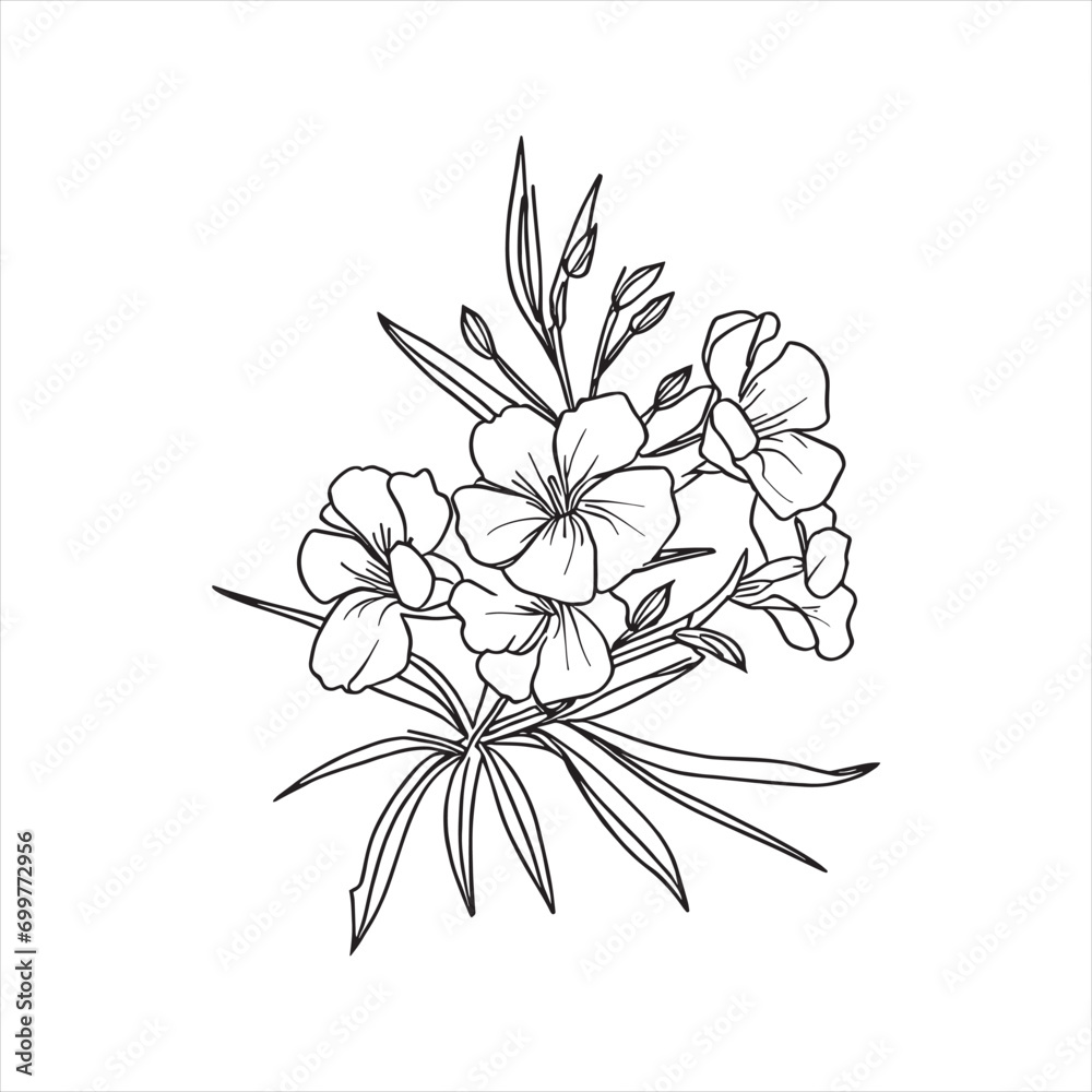 Decorative abstract oleander hand-drawn flower bouquet of line art ...