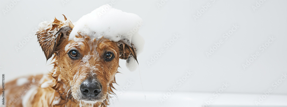 happy broan wet dog taking bath with soap foam on his head . white ...