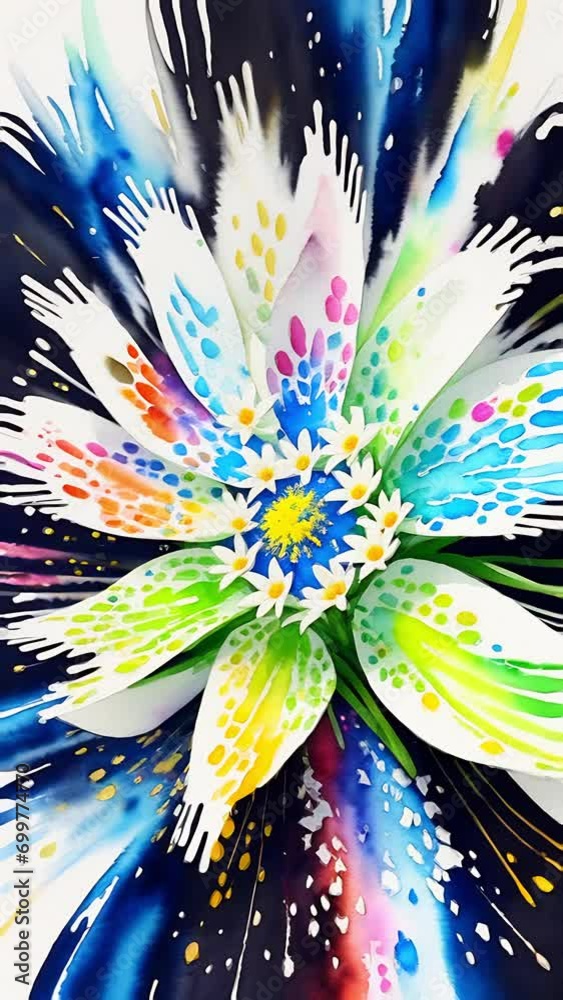 Vivid watercolor painting depicts an explosive bouquet of abstract ...