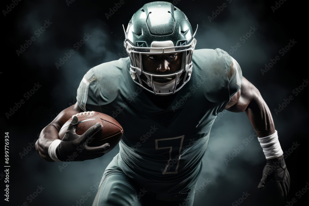 Portrait of American football player running with the ball. Muscular ...