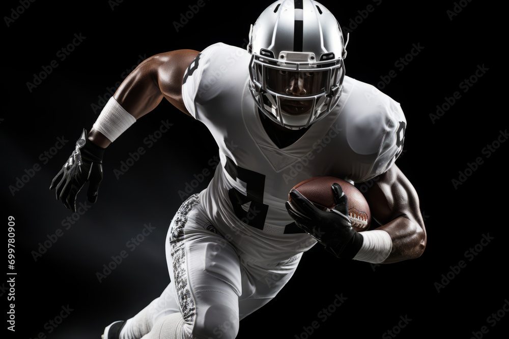 Portrait of American football player running with the ball. Muscular ...