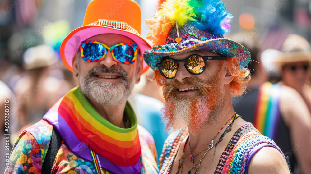 LGBT pride. Happy elderly male couple at the LGBT parade. Freedom of ...
