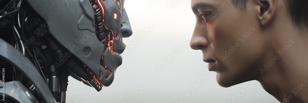 Man and humanoid robot looking at each other, humans vs digital ...