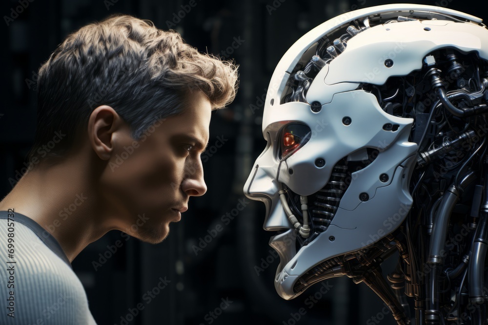 Man and humanoid robot looking at each other, humans vs digital ...