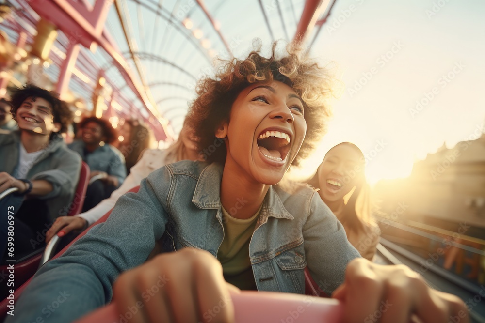 Friends riding roller coaster ride at amusement park. People having fun ...