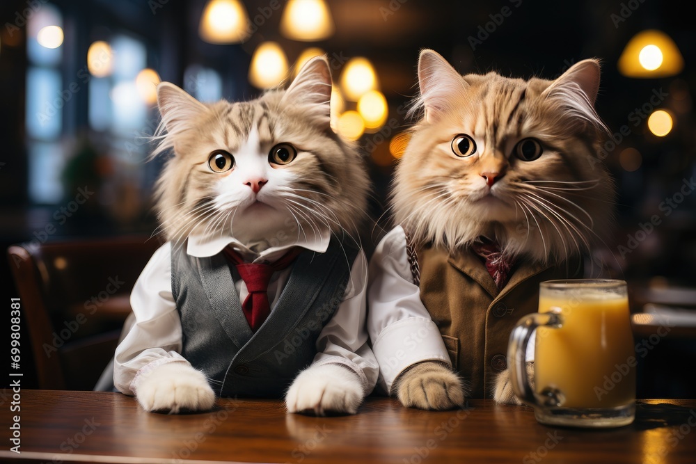 Cat baristas standing in bar counter in cafe. Colorful coffee shop ...