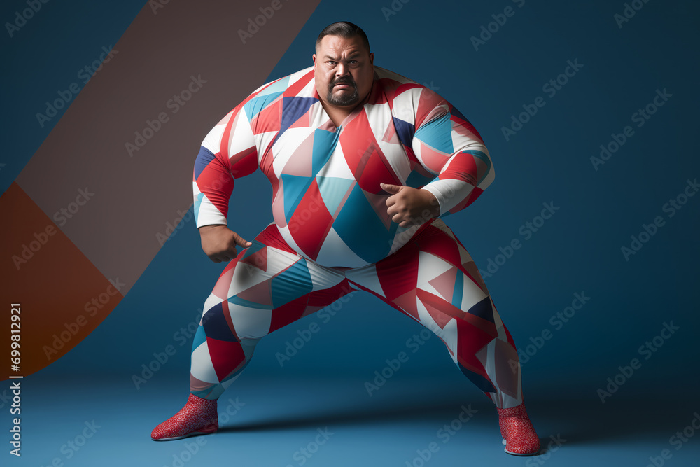 A sumo wrestler in a bright multi-colored suit on a graphic background ...