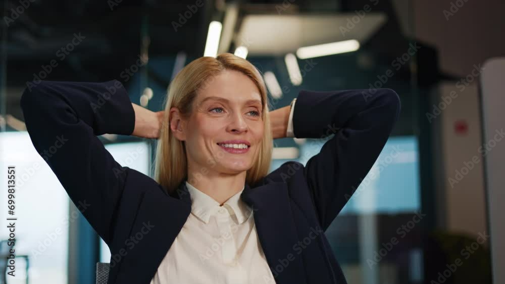 Satisfied caucasian business woman relax sit at office desk finished ...