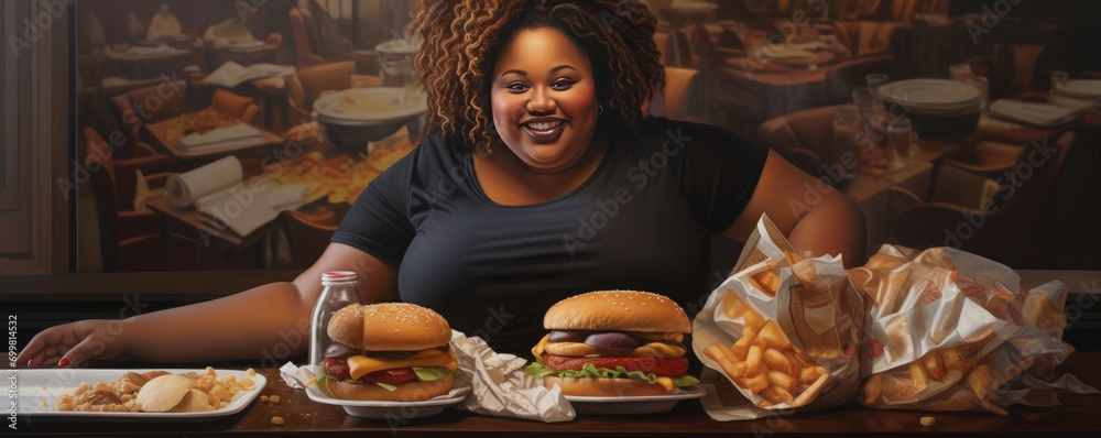 Plus size black woman eating junk food in restaurant. Generative ai ...