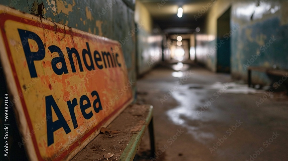Stark Warning in Abandoned Hallway: 'Pandemic Area' Sign Reflecting the ...