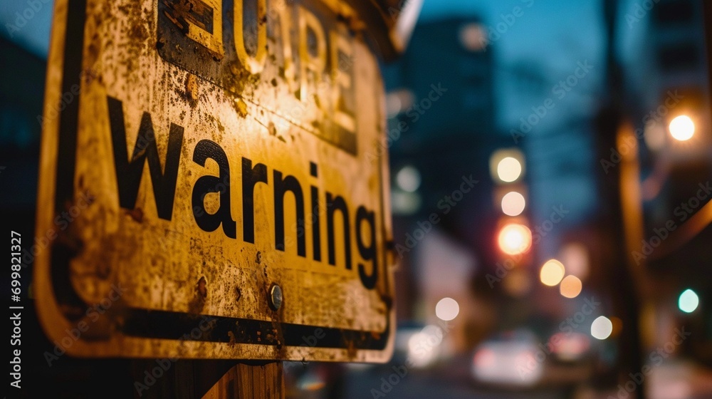 Cautionary Tale: A Worn Warning Sign Illuminated by the City's ...