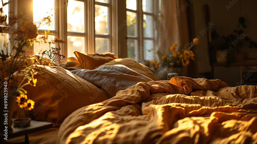 Golden Hour Glow: Bed linen in warm golden tones, capturing the soft ...