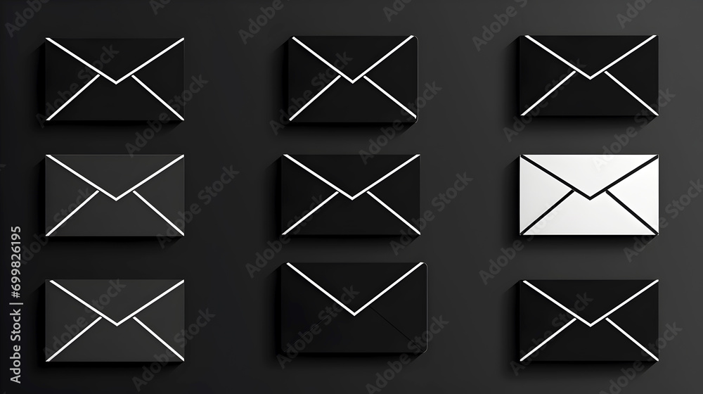 Monochrome email icons set, dark theme, modern aesthetics. Black email ...