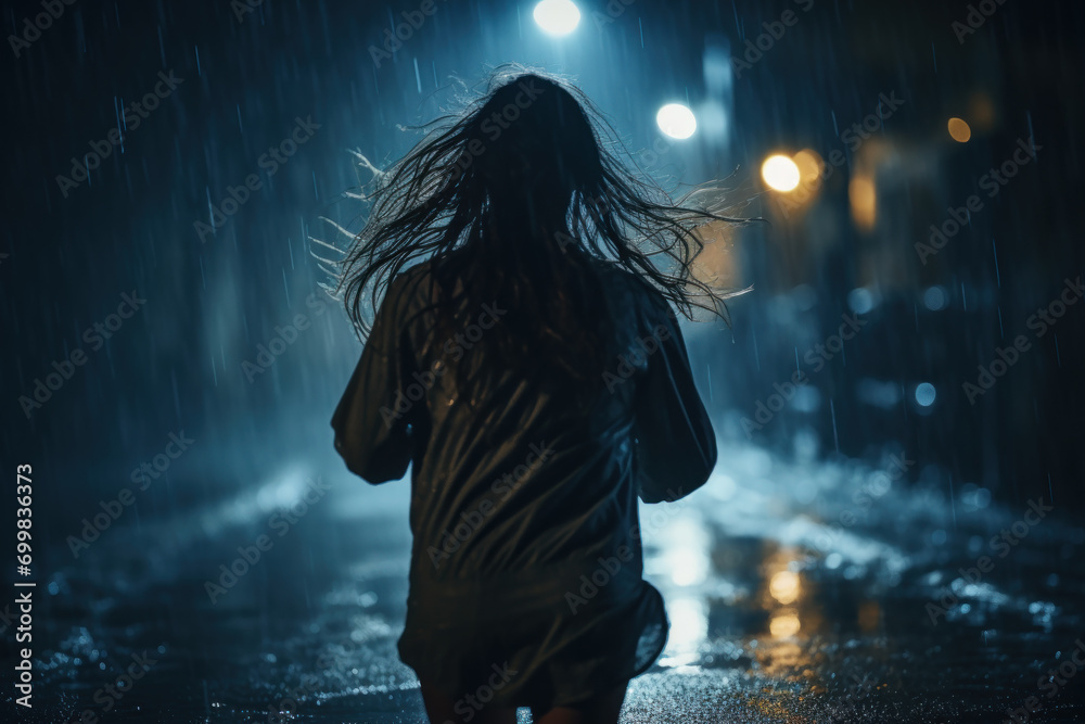 Lone young woman walks away down dark street in rain, back view ...