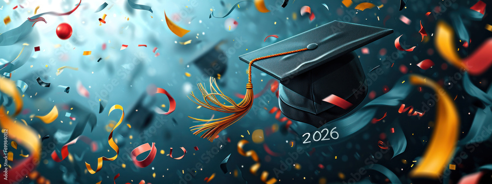 Artistic depiction of a graduation cap amidst a shower of confetti and ...