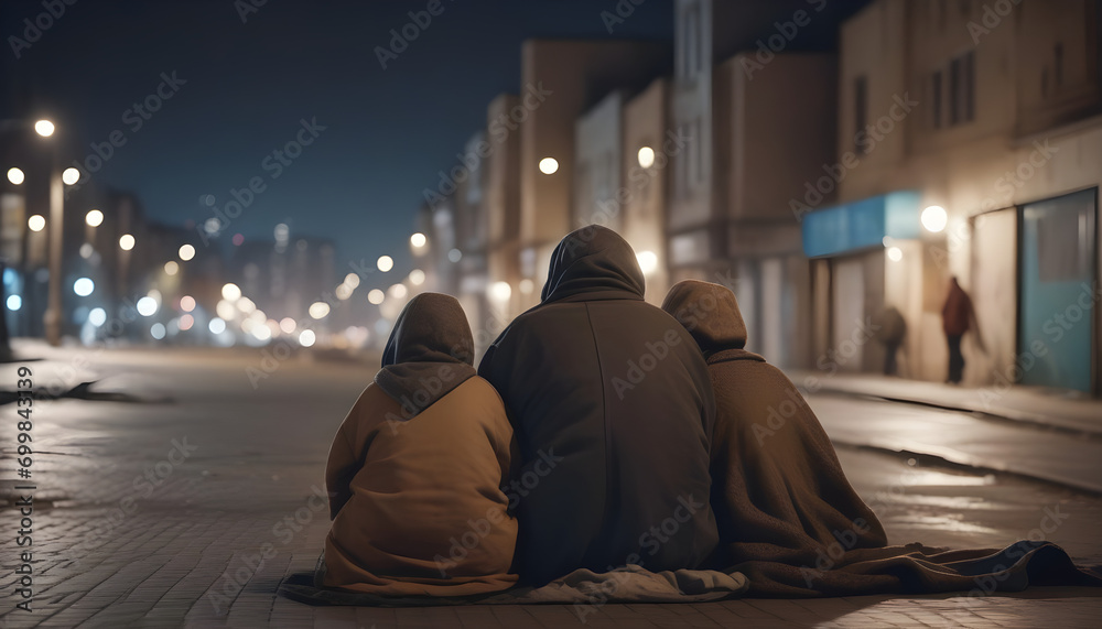 Homeless family living on the streets, at night, facing away from ...