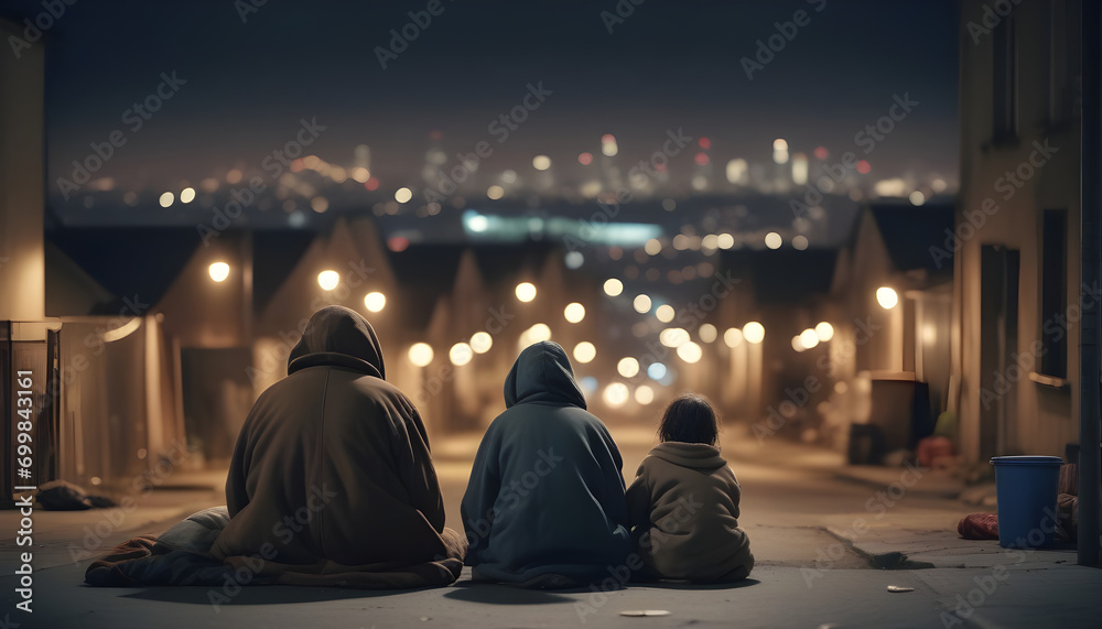 Homeless family living on the streets, at night, facing away from ...